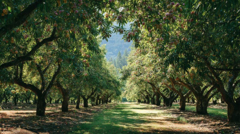 Sunlit Apple Orchard Rows stock illustration. Illustration of branches ...