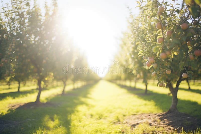 Sunlit apple orchard rows stock image. Image of orchard - 304096157