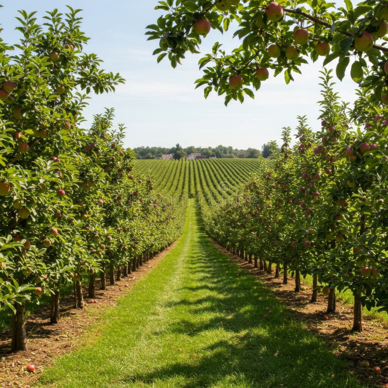 Sunlit Apple Orchard Rows in Summer Countryside Stock Illustration ...