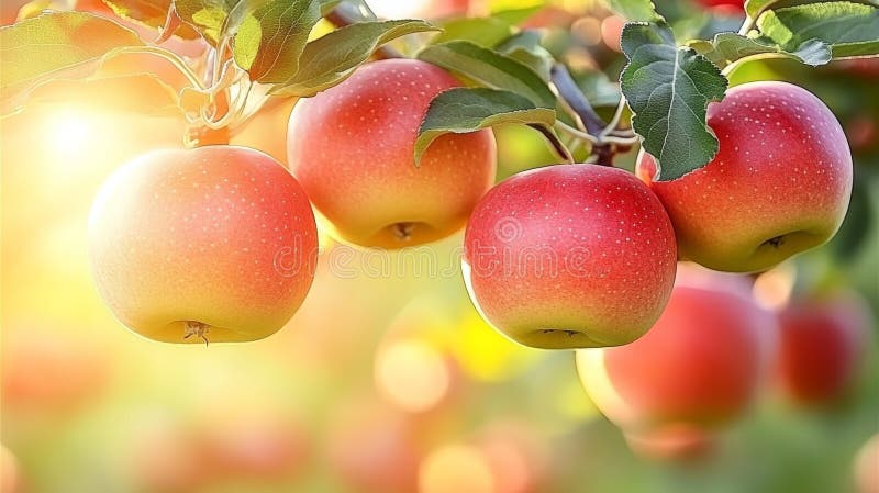 Sunlit Apples on Tree with Leaves in Orchard Stock Illustration ...