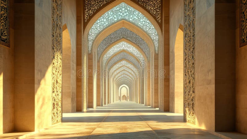 Sunlit Arcade of Intricate Islamic Architecture Stock Illustration ...