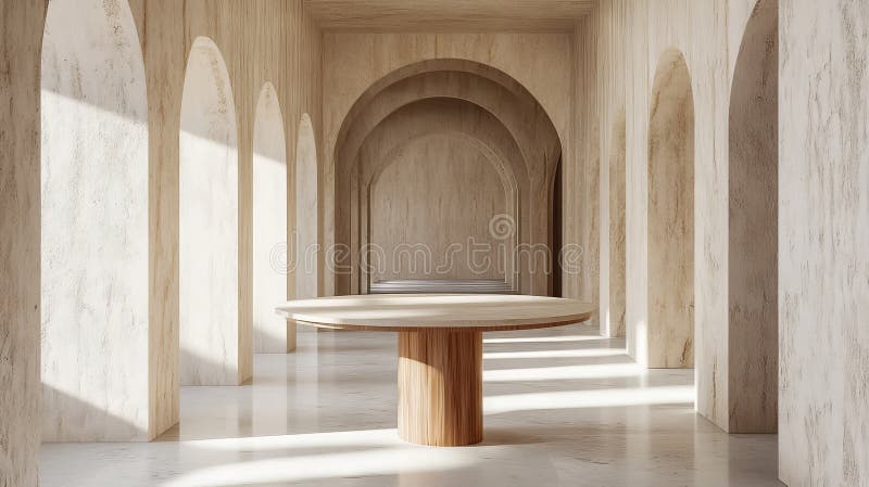 Sunlit Arched Hall Features a Circular Platform with a Minimalist ...