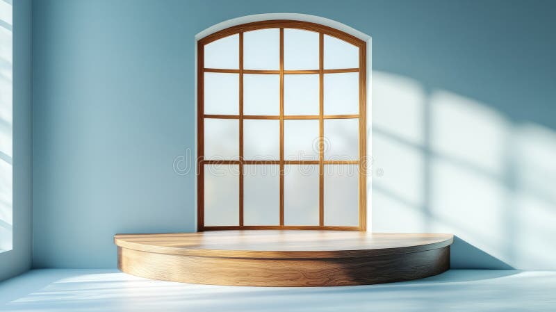 Sunlit Arched Window with Wooden Stage in Empty Room. Stock Photo ...