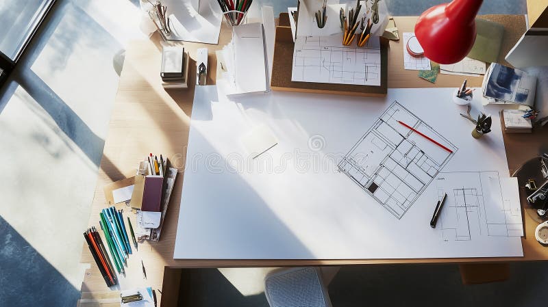 Sunlit Architect S Desk with Floor Plan Sketches, Drafting Tools, and Modern Workspace Setup ...