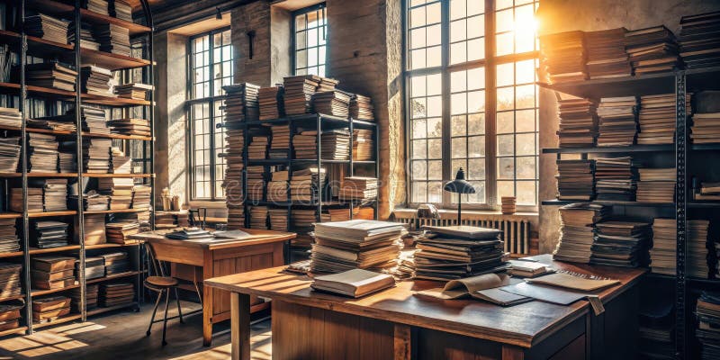 Sunlit Archive Stacks of Aged Documents and Books in a Rustic Study ...
