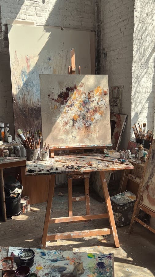 Sunlit Artist Studio with Abstract Painting on Easel and Creative Tools ...