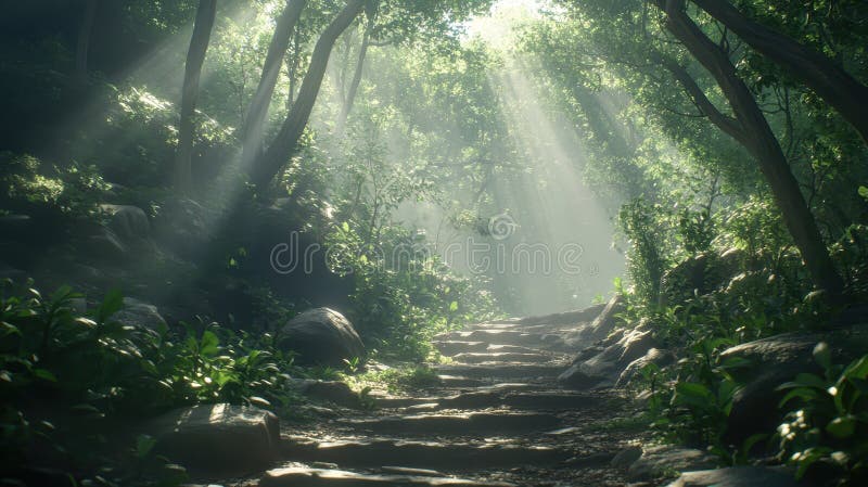 Sunlit Ascent Forest Path through the Trees Stock Photo - Image of ...