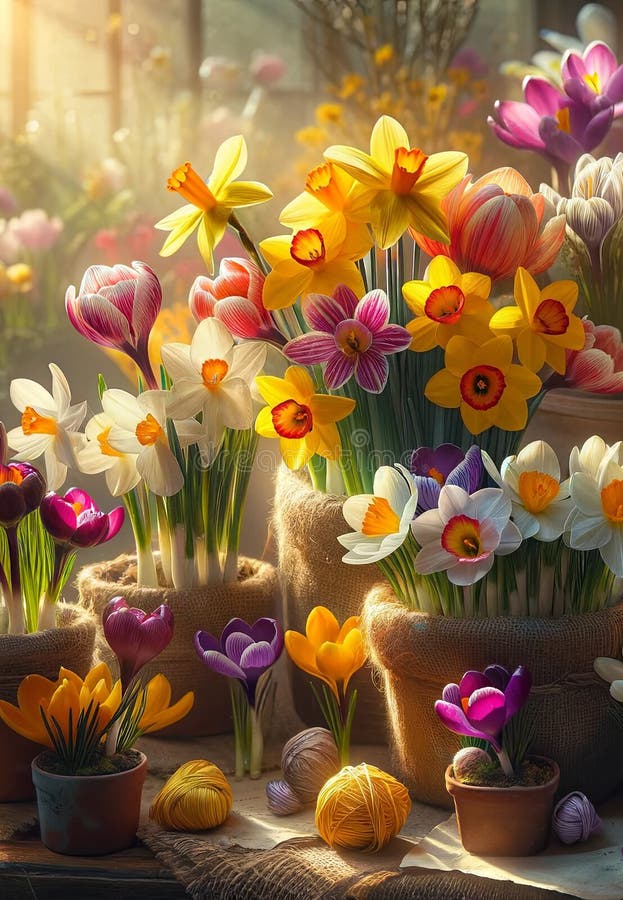Sunlit Assortment of Spring Flowers of Crocuses and Daffodils in Pots ...