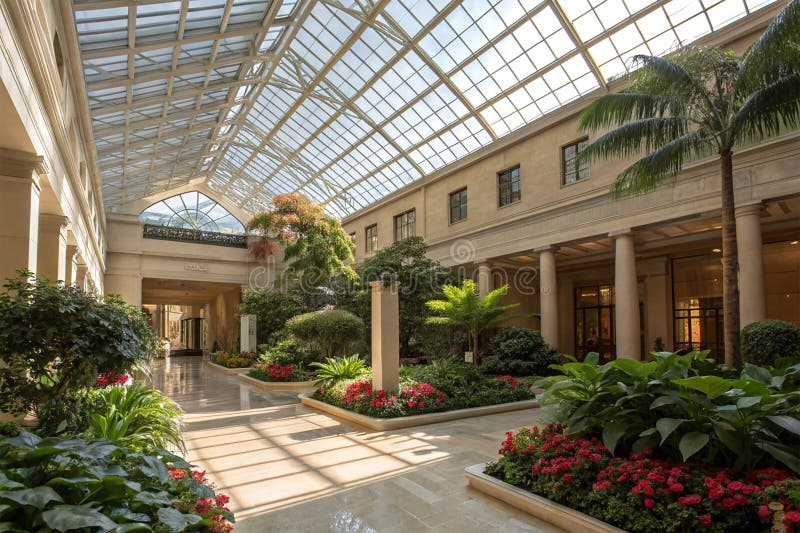 Sunlit Atrium with Glass Ceiling Stock Illustration - Illustration of ...