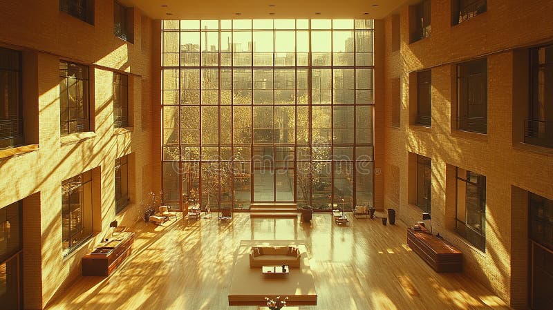 Sunlit Atrium Lobby City View Modern Architecture Interior Design ...