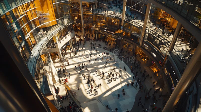 Sunlit Atrium of a Modern Shopping Mall High Angle View of Crowded ...