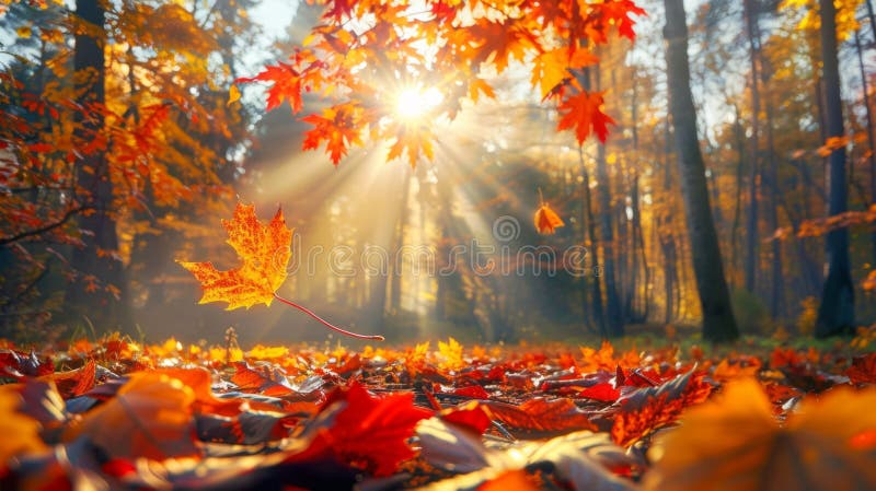 Sunlit Autumn Forest with Falling Maple Leaf, Generative AI Stock Photo ...