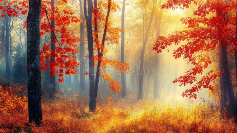 Sunlit Autumn Forest with Mist and Red Leaves Stock Illustration ...
