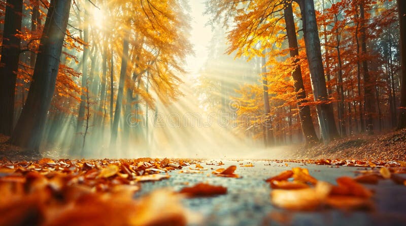 Sunlit Autumn Forest Morning with Mist and Fallen Leaves on Ground ...