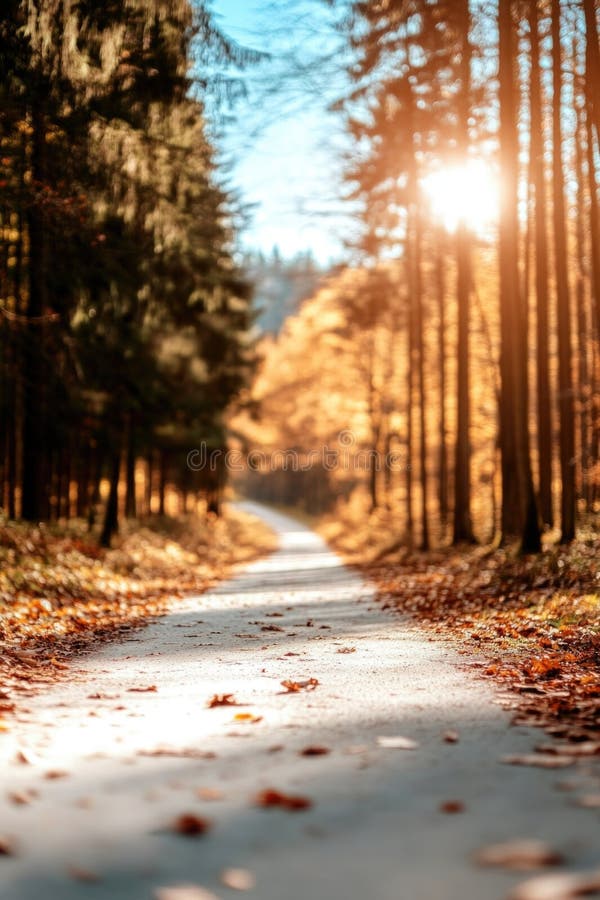 Sunlit Autumn Forest Path with Falling Leaves Stock Photo - Image of ...