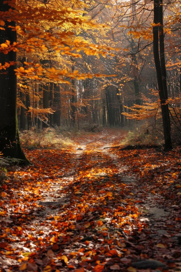 Sunlit Autumn Forest Path with Falling Leaves and Tall Trees Stock ...