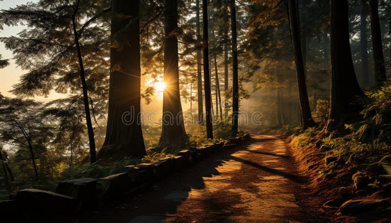 Sunlit Autumn Forest, Tranquil Path, Vibrant Leaves, Nature Beauty ...