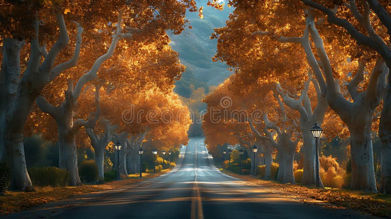 Sunlit Autumn Road Lined with Vibrant Golden Trees Stock Illustration ...