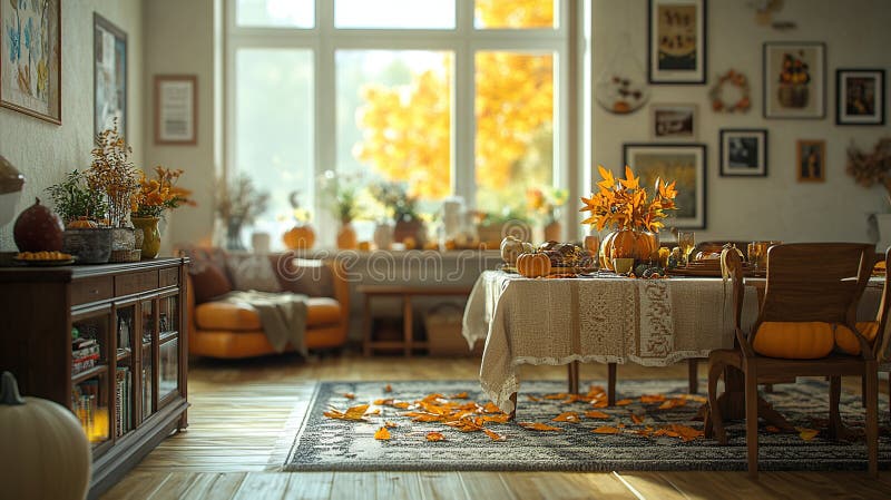Sunlit Autumn Room with Dining Table, Pumpkins, Fall Leaves, and Window ...
