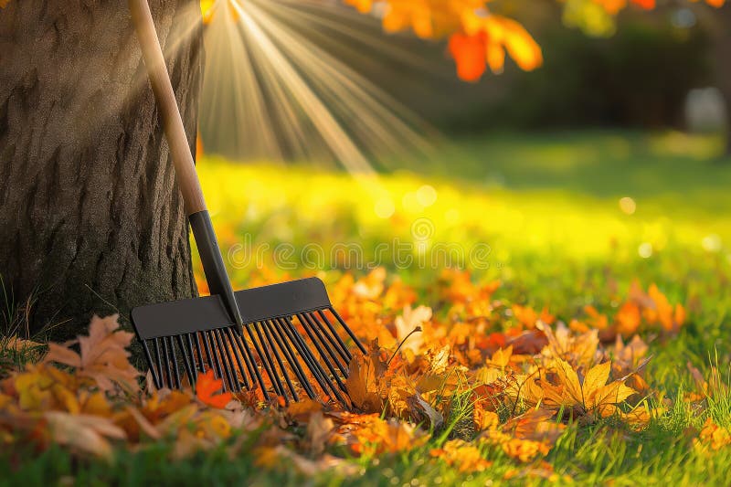 Sunlit Autumn Scene with Fallen Leaves and Rake Under Tree, AI ...