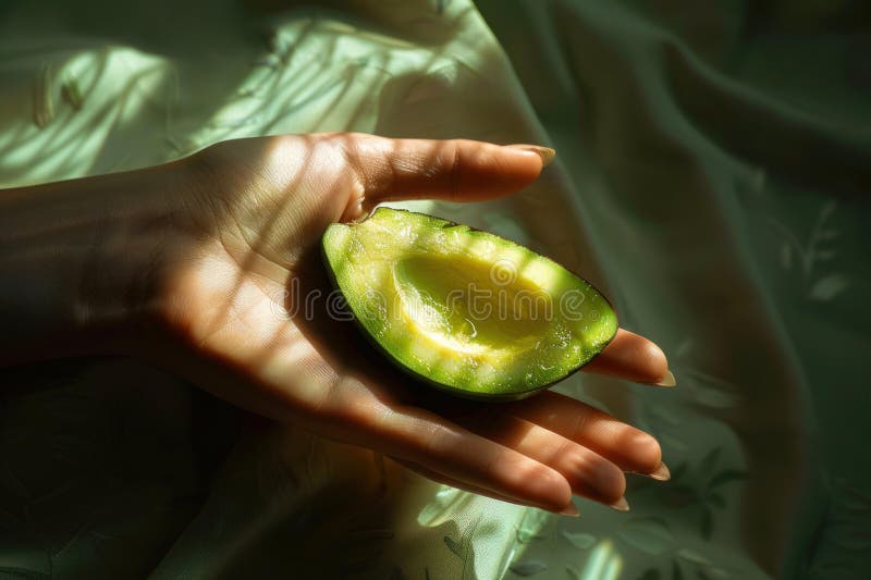 Sunlit Avocado Half in Hand on Green Silk Stock Photo - Image of ...