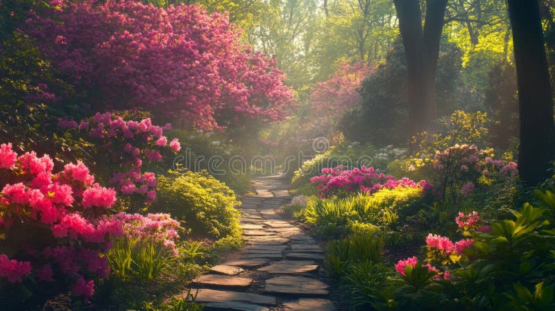 Sunlit Azalea Garden Path a Springtime Walk Stock Illustration ...