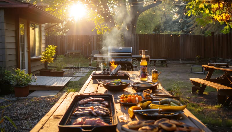A Sunlit Backyard Barbecue Scene with a Grill and Table Filled with ... A Sunlit Backyard Barbecue Scene with a Grill and Table Filled with ...