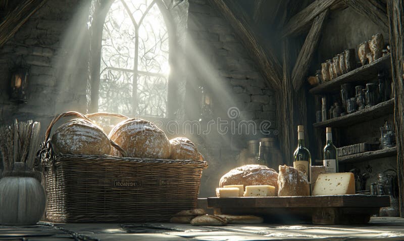 Sunlit Bakery, Rustic Bread, Stone Room, Medieval Setting, Food Imagery ...