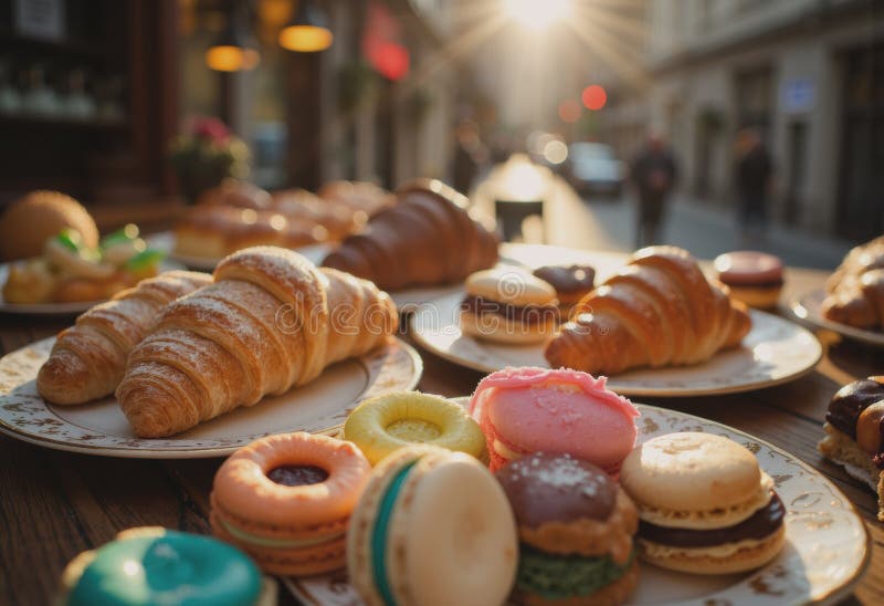 Sunlit Bakery Window Display Featuring an Array of Delicious Pastries ...