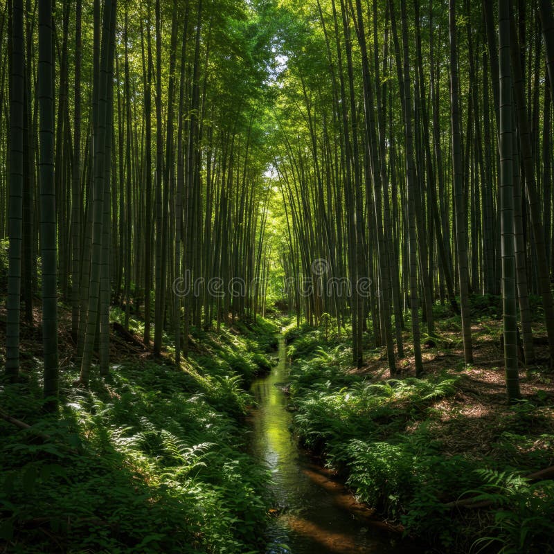 Sunlit Bamboo Forest Path with Stream Stock Illustration - Illustration ...