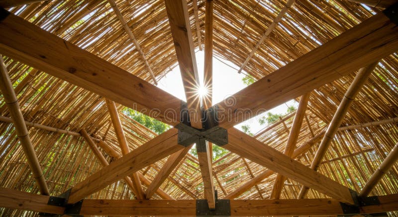 Sunlit Bamboo and Wood Roof Structure Stock Illustration - Illustration ...