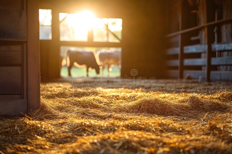 Sunlit Barn Interior with Grazing Cows during Sunset Stock Image ...