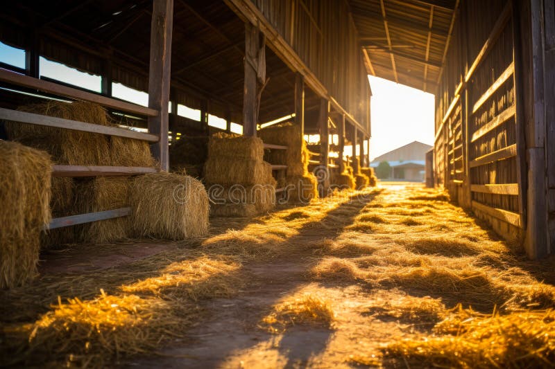 Sunlit Barn Interior with Hay Bales Lined Up. Stock Image - Image of structure, straw: 309416633