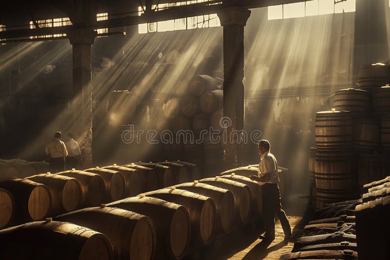 Sunlit Barrel Warehouse with Workers Stock Photo - Image of rustic ...