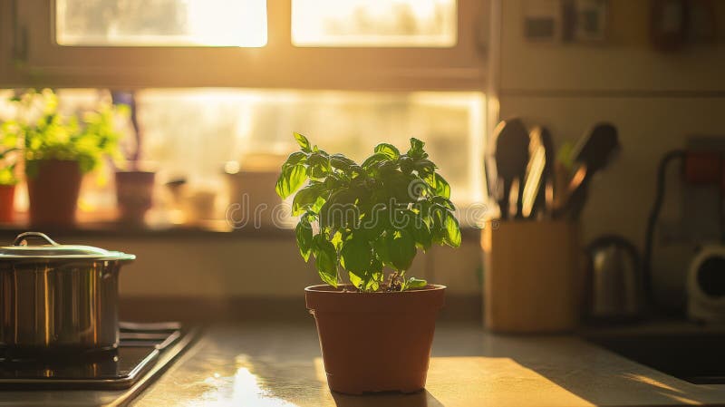 Sunlit Basil Plant on Kitchen Counter Stock Illustration - Illustration ...