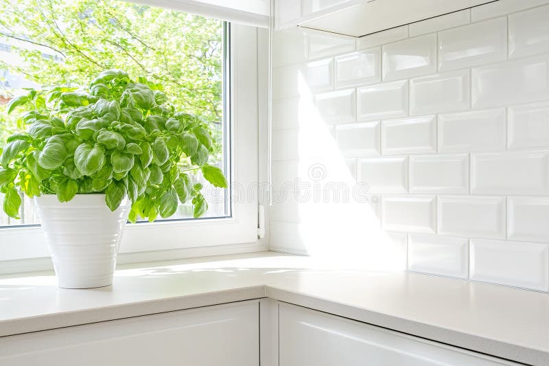 Sunlit Basil Plant by Kitchen Window with White Tile Backsplash Stock ...