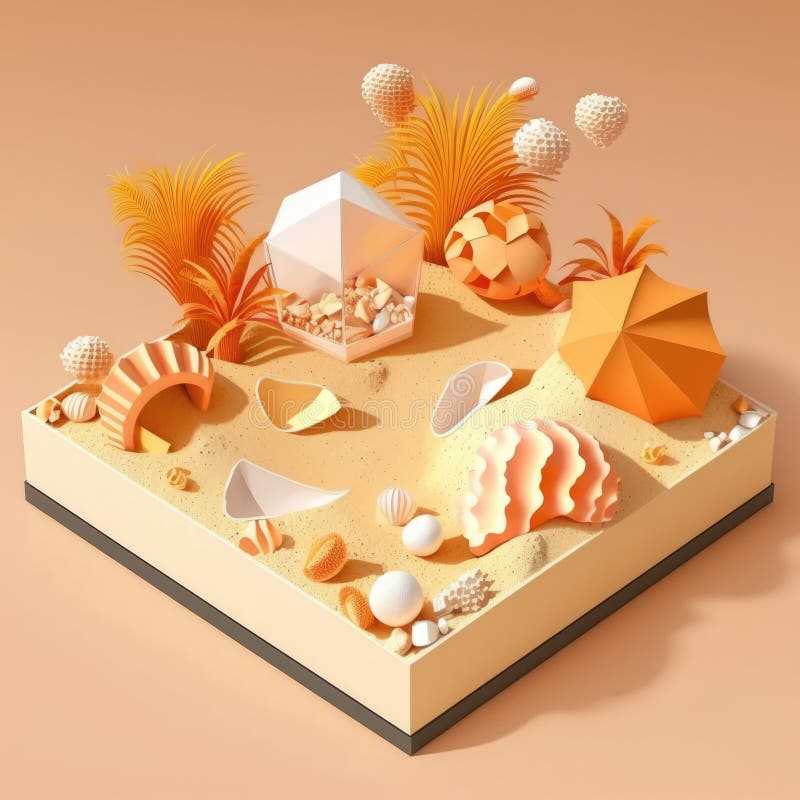 Sunlit Beach and Orange Seashells, Isometric Low Poly View AI ...