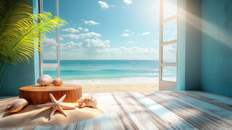 Sunlit Beach View through Open Window with Seashells on Wooden Floor ...