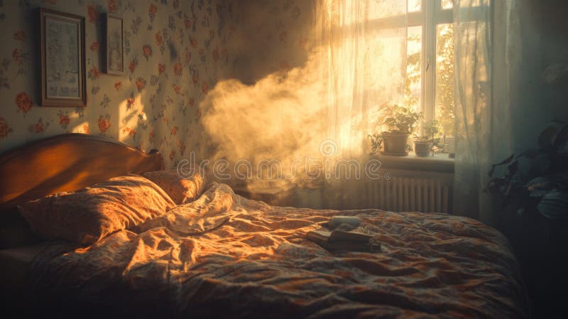 Sunlit Bedroom with Golden Hour Light and Dust Motes Stock Illustration ...