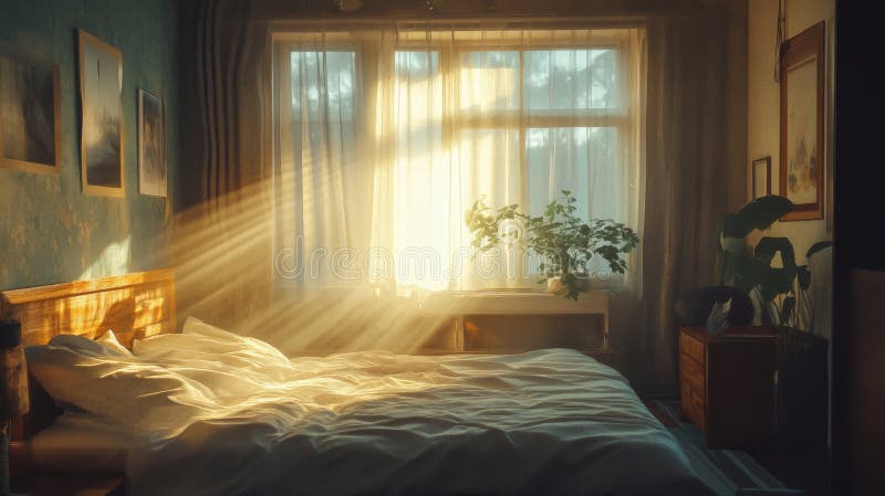 Sunlit Bedroom Interior with Golden Hour Rays Stock Illustration ...