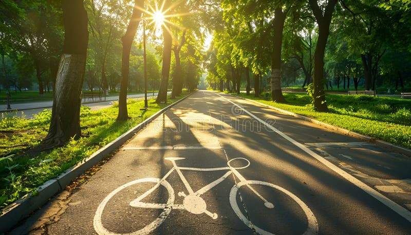 Sunlit Bicycle Path with a Clear Bike Lane Marking, Surrounded by Trees ...