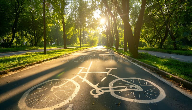 Sunlit Bicycle Path with a Clear Bike Lane Marking, Surrounded by Trees ...
