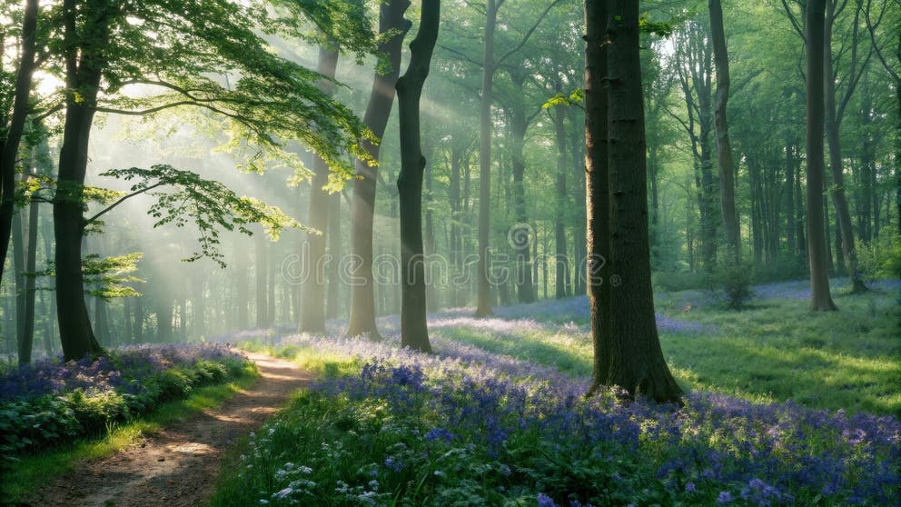 Sunlit Bluebell Path stock illustration. Illustration of landscape ...