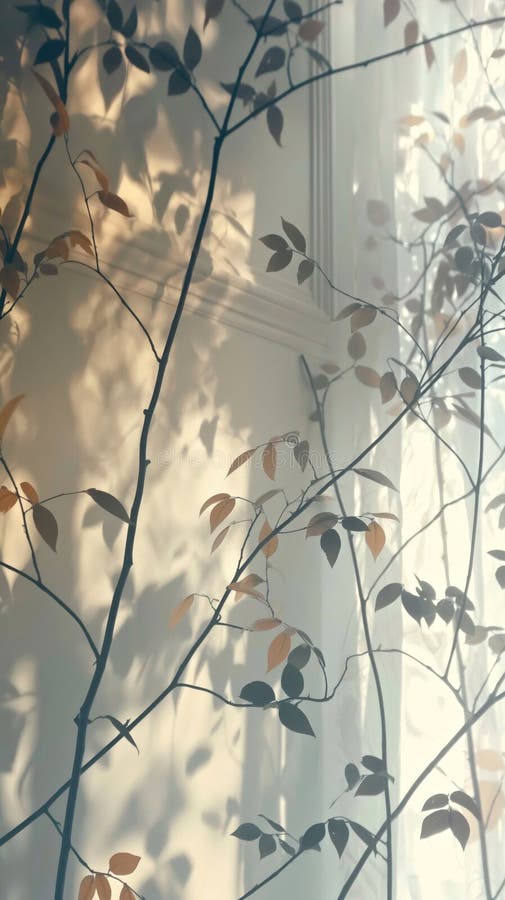 Sunlit Branches and Leaves Creating Playful Shadows on a Soft Beige ...
