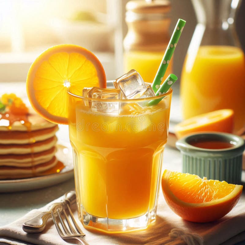 Sunlit Breakfast Scene with Orange Juice, Pancakes, and Fresh Oranges ...