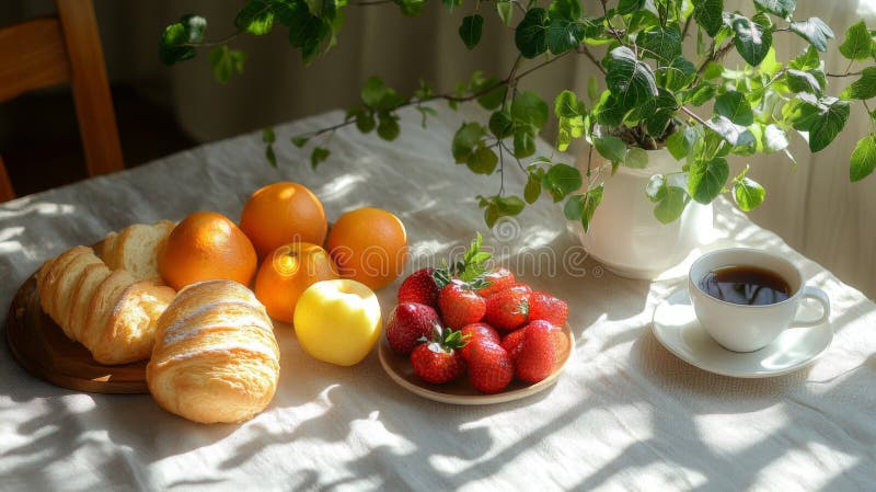 Sunlit Breakfast Table with Pastries Fruit and Tea Stock Illustration ...