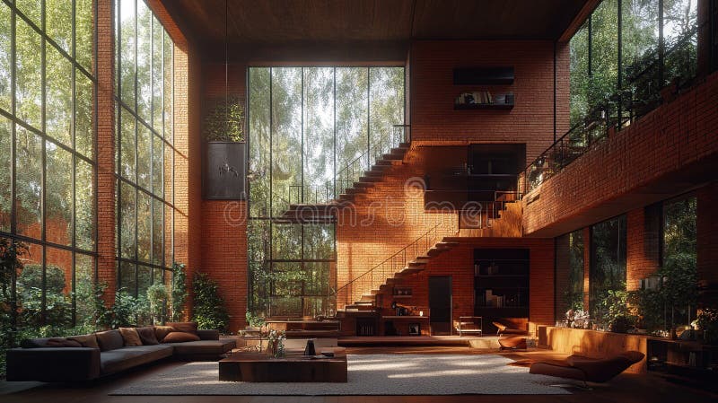 Sunlit Brick Home Interior, Forest View, Living Room Design Stock Image ...