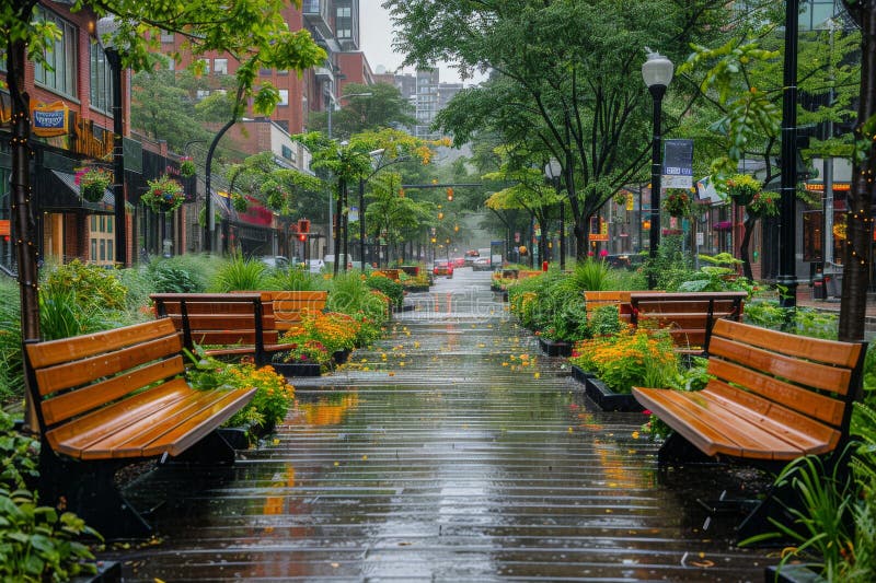 Sunlit Brick Path Lined with Trees and Planters in a Modern Urban City ...