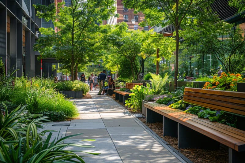 Sunlit Brick Path Lined with Trees and Planters in a Modern Urban City ...