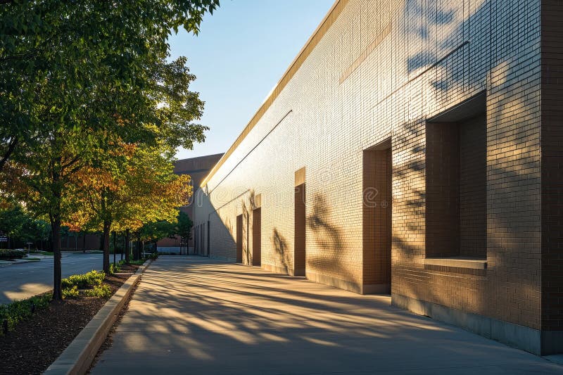 A Sunlit Building Facade with Trees Casting Shadows on a Walkway Stock ...